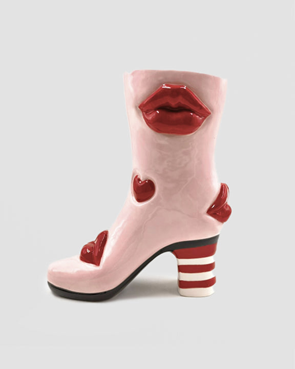 Ceramic Boot Vase with Hearts and Lips – Medium Size – Red Candy